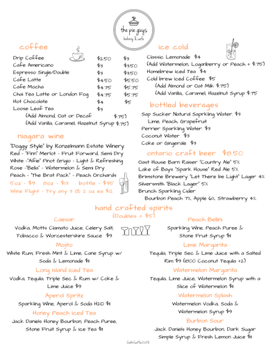 Food & Beverage Menu – The Pie Guys Bakery & Cafe